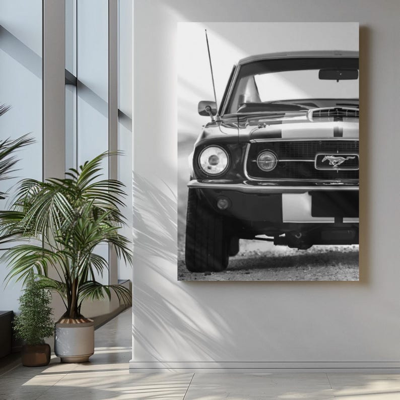 Ford Mustang Poster, Black White Vintage Muscle Car Print, Classic ...