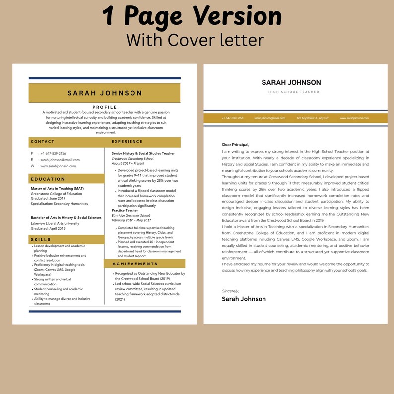 Teacher Resume Template | Editable Professional Resume | Cover Letter ...