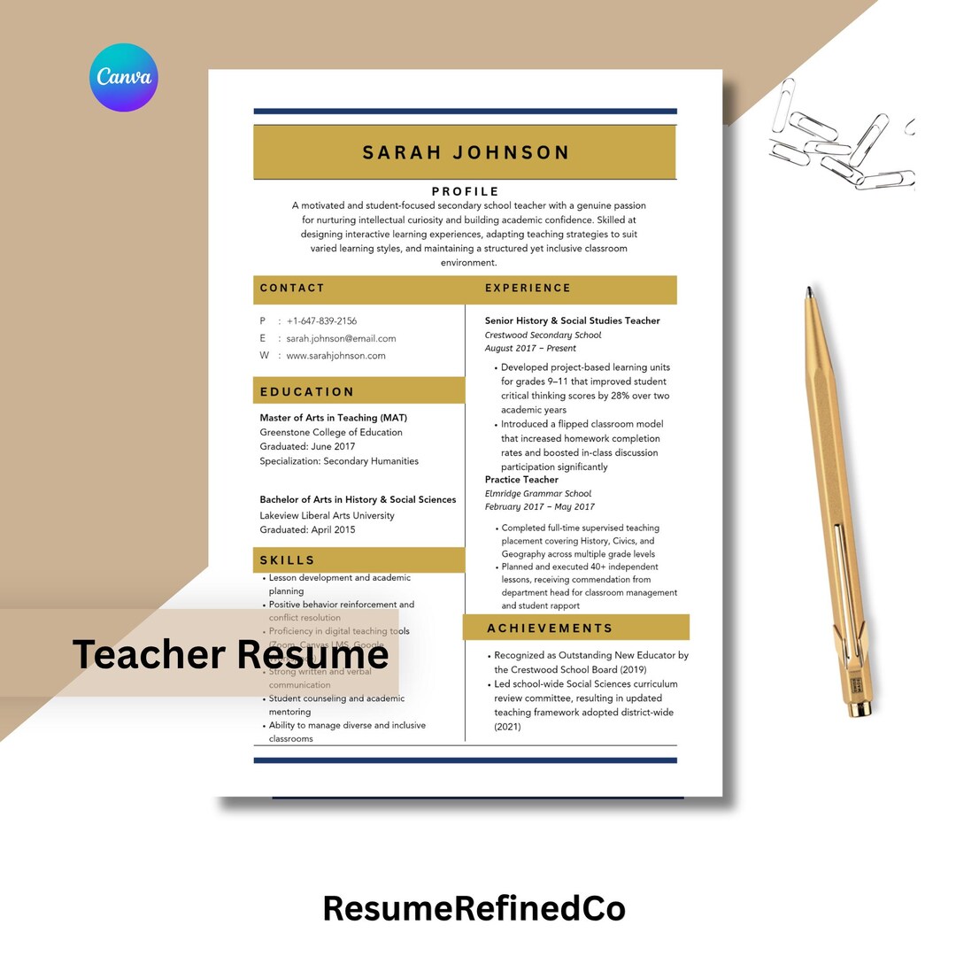 Teacher Resume Template | Editable Professional Resume | Cover Letter ...