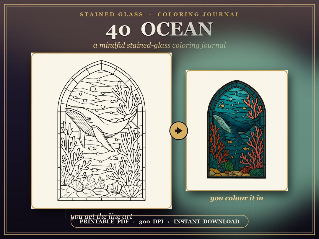 Ocean Adult Coloring Book | 40 Stained Glass Coloring Pages | Printable ...