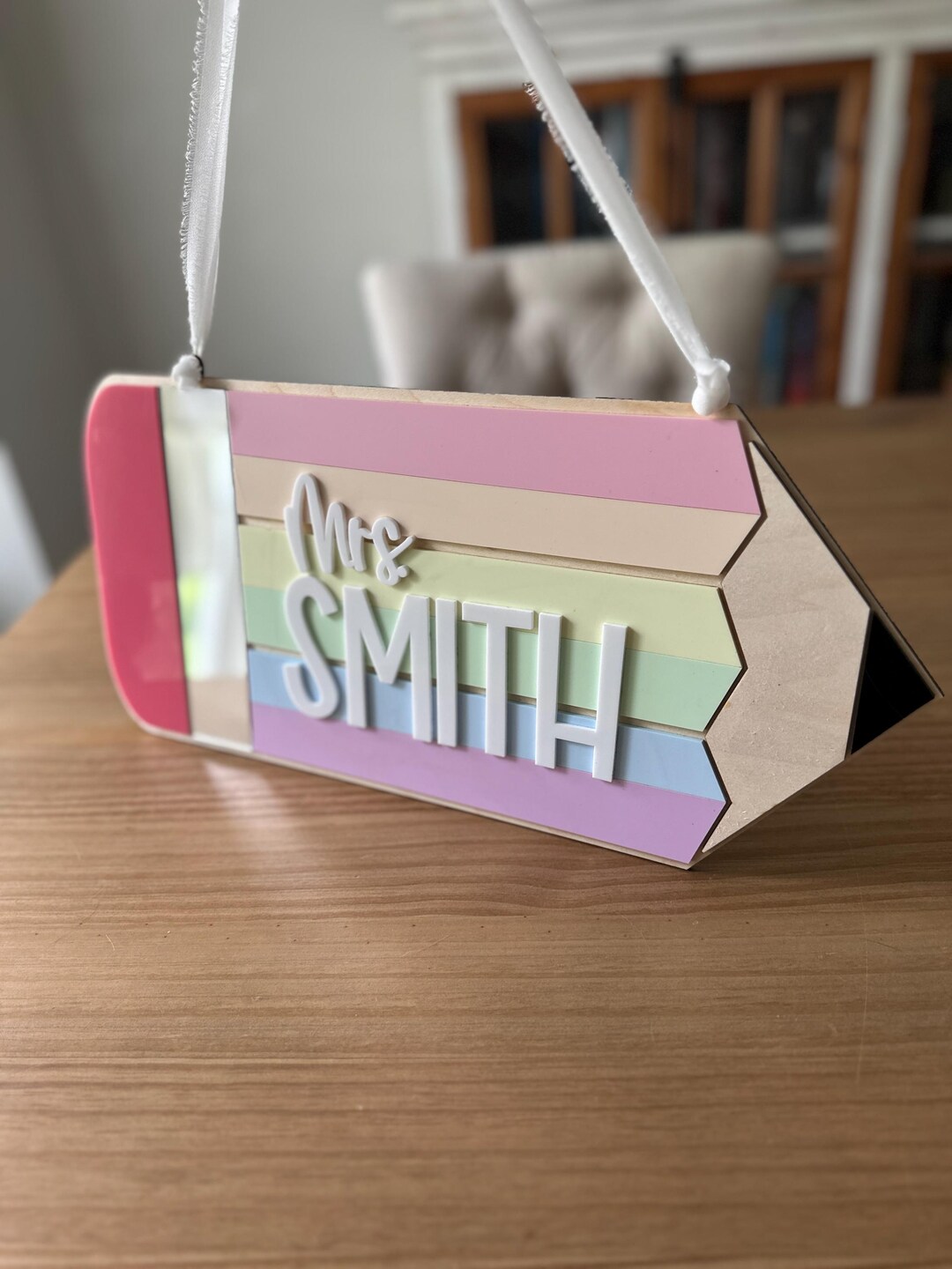 Personalized Teacher Door Hanger: Pastel Pencil Sign, Maple Back - Etsy