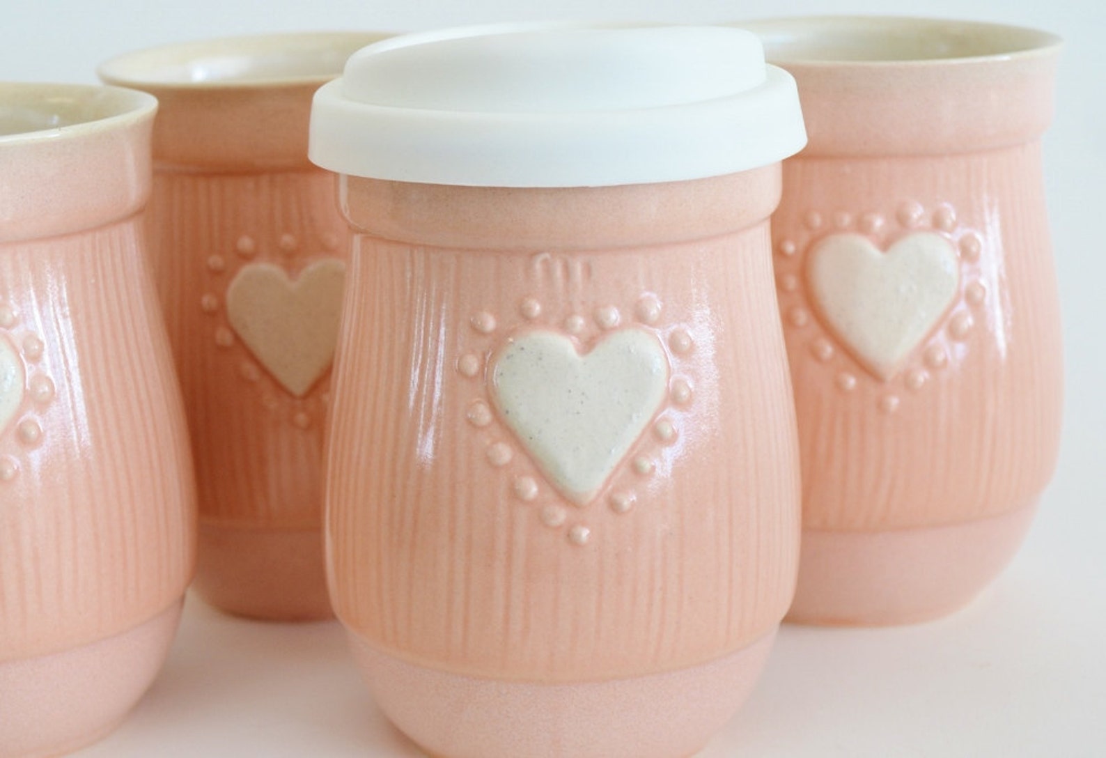 IN STOCK, Heart Pink Travel Mug With Silicone Lid, Ceramic Coffee Mug ...