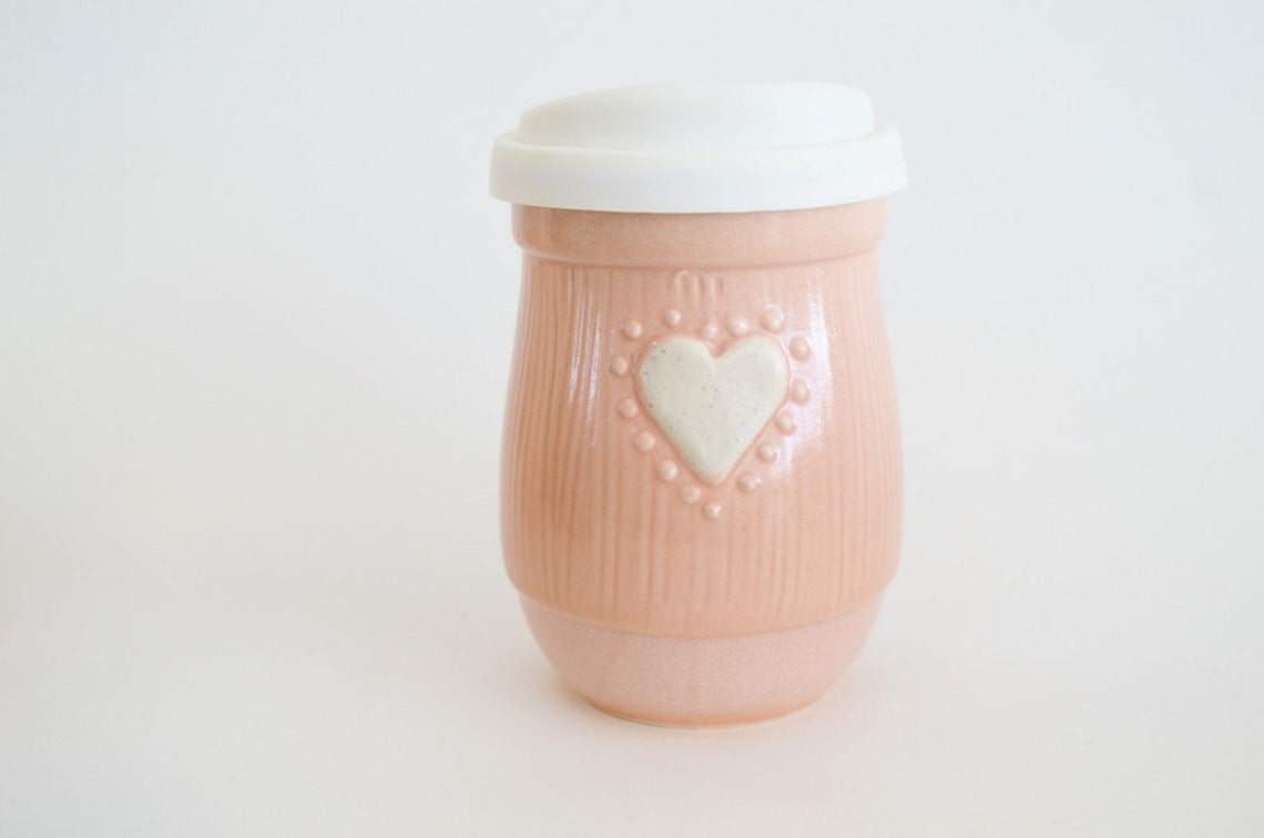 IN STOCK Heart Pink Travel Mug With Silicone Lid Ceramic | Etsy