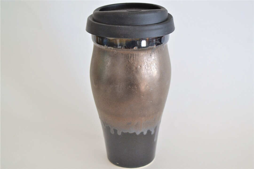 16 Oz.bronze Pottery Travel Mug W/lid and Sleeve, Ceramic Travel Mug ...