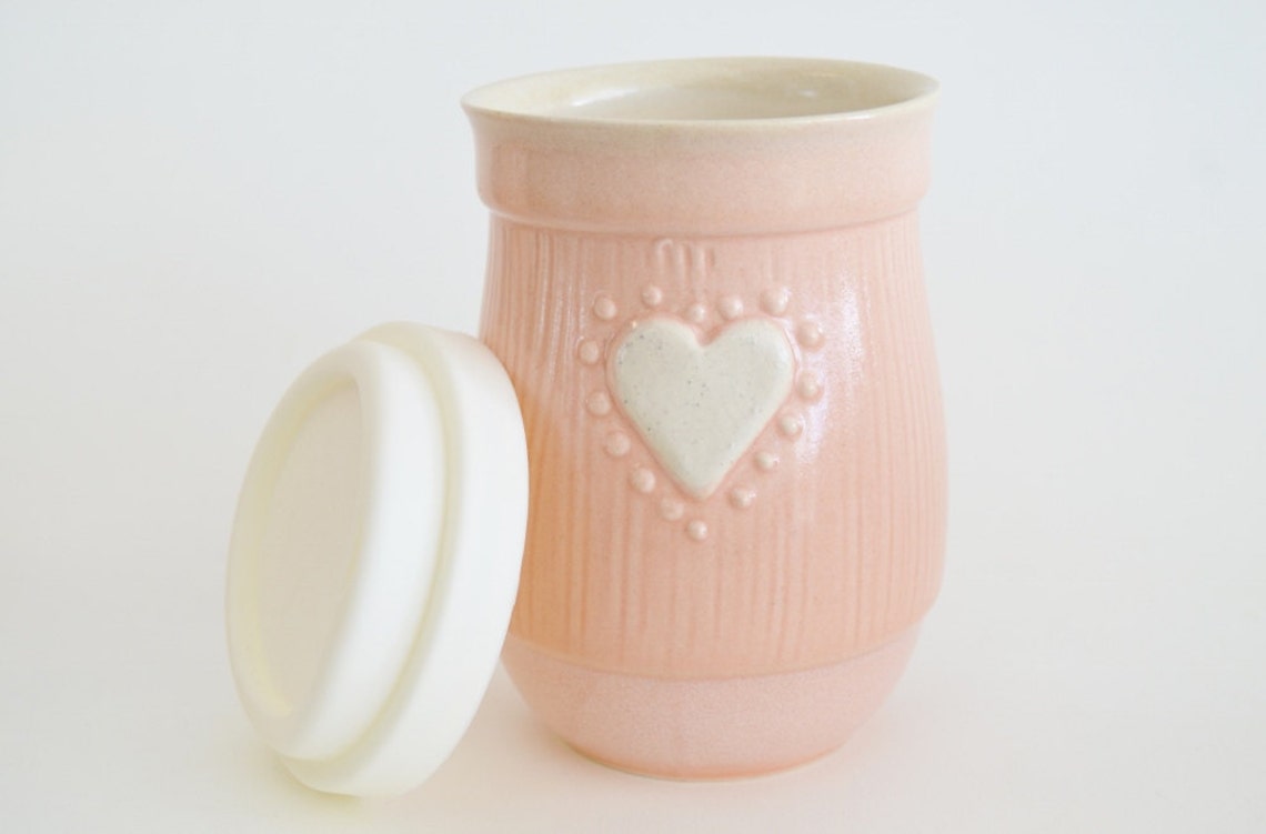 IN STOCK Heart Pink Travel Mug With Silicone Lid Ceramic | Etsy