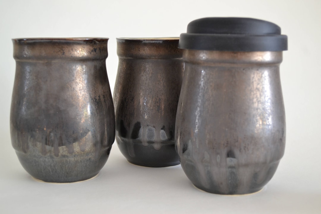 Bronze Black Ceramic Travel Small Mug With Silicone Lid, Handmade ...