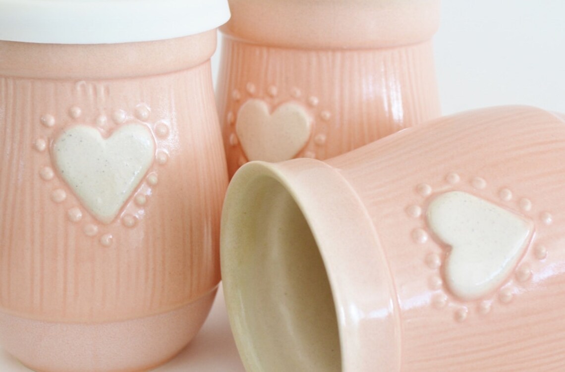 IN STOCK Heart Pink Travel Mug With Silicone Lid Ceramic - Etsy