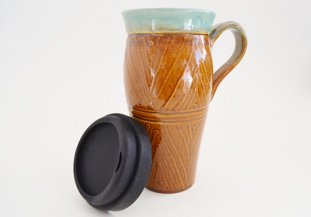 Handmade Pottery Travel Mug With Handle and Lid, Large Stoneware to Go ...