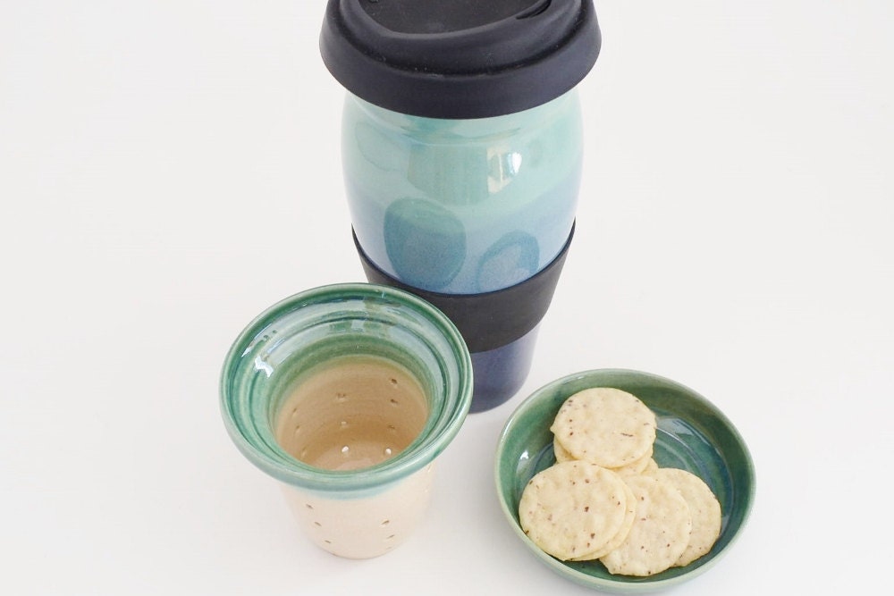 IN STOCK Ceramic Travel Mug Blue Green with Lid and Infuser | Etsy