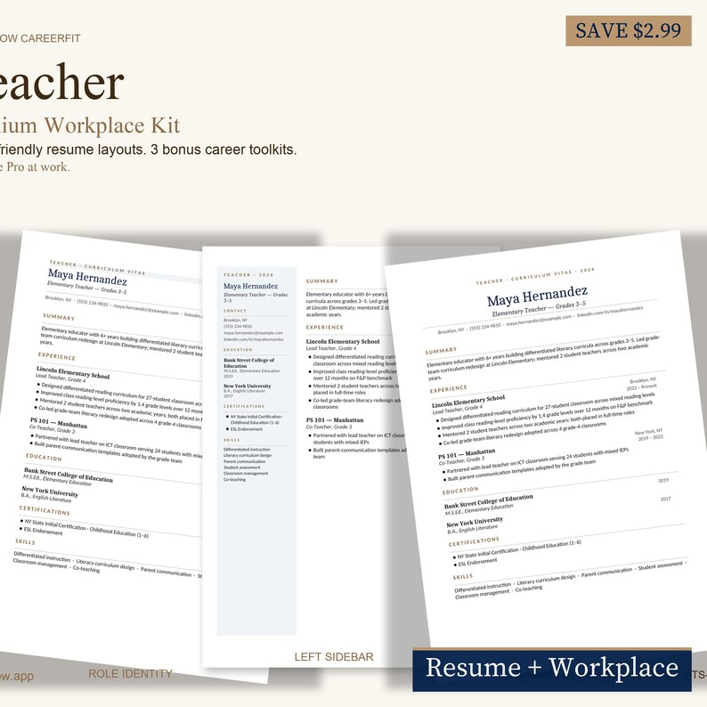 Teacher Resume Template + Workplace Kit Bundle | 5 Layouts + Gradebook ...