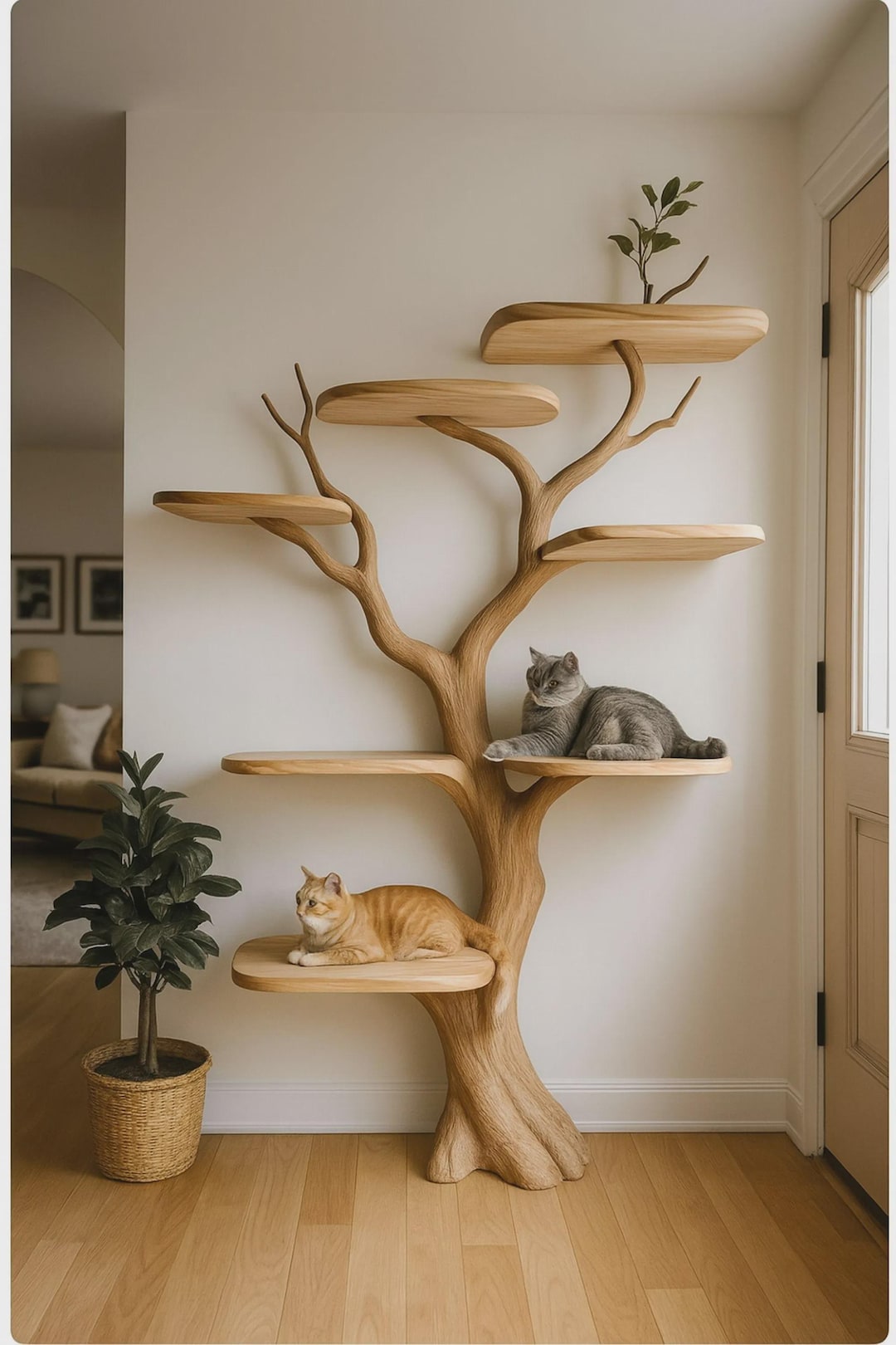 Handmade Wooden Cat Tree – Tree-shaped Cat Tower With Branch Shelves ...