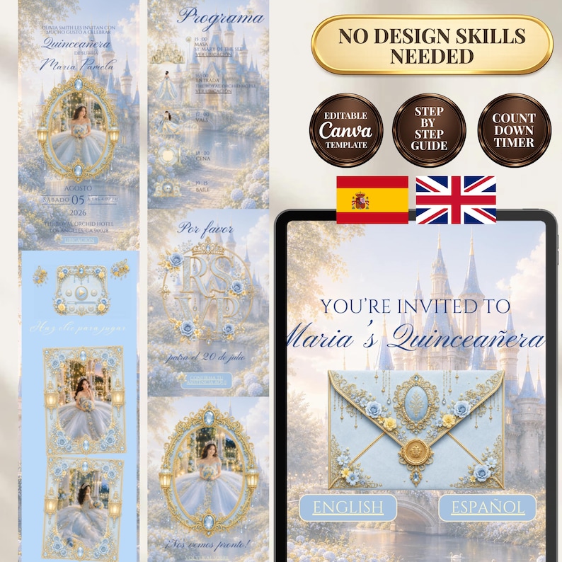 Quinceañera Invitation Website Template, Ice Blue & Yellow Princess ...