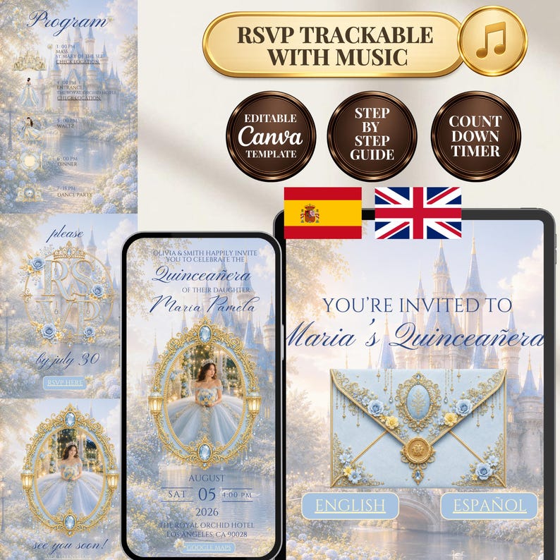 Quinceañera Invitation Website Template, Ice Blue & Yellow Princess ...
