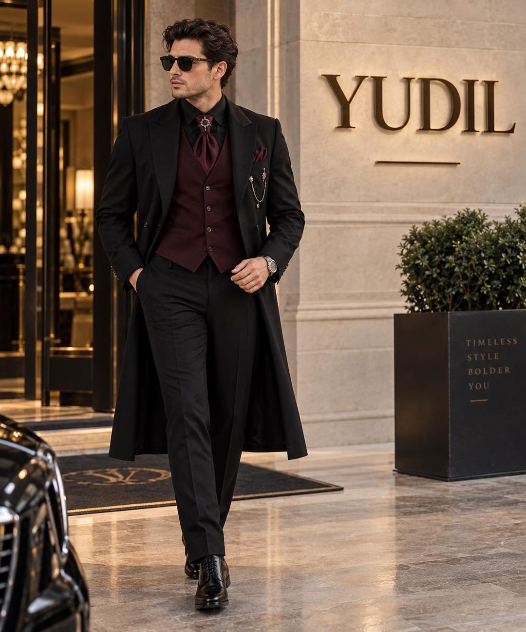 Black 3 Piece Suit With Burgundy Waistcoat, Men’s Formal Suit, Long ...