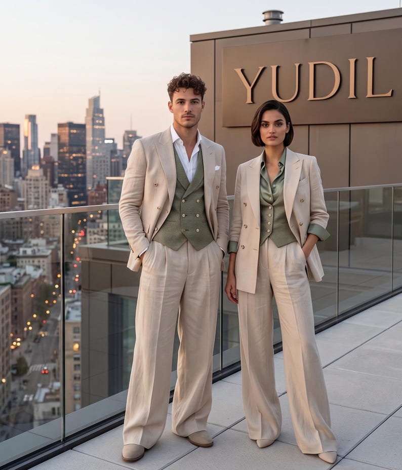 Linen 3 Piece Suit for Men & Women, Wide Leg Trousers Beige Double ...