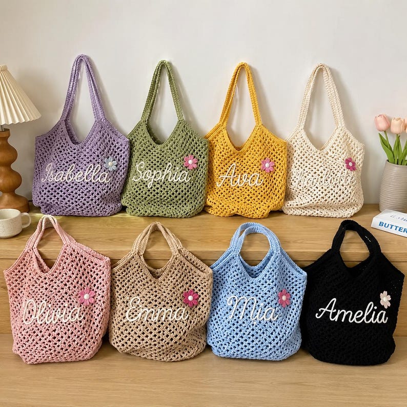 Personalized Crochet Beach Tote Bag - Custom Bridesmaid Gift, Handmade ...
