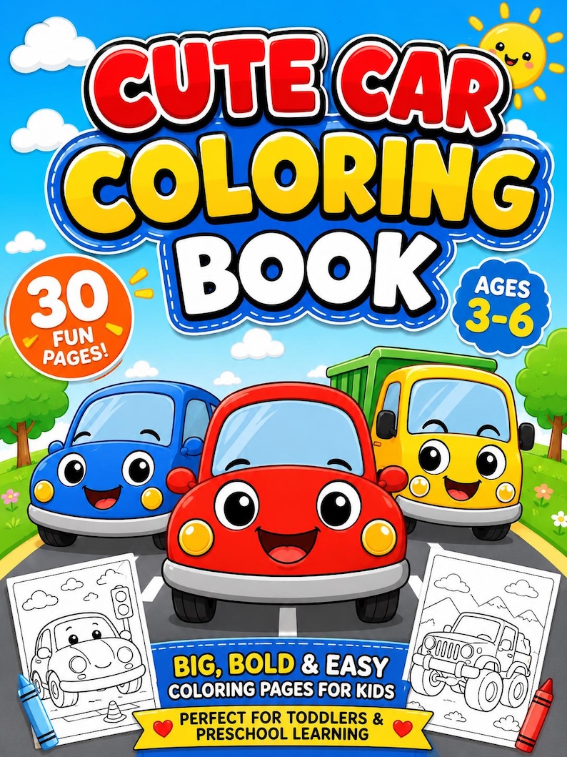Cute Car Coloring Page for Kids, Printable Cartoon Vehicle Activity ...