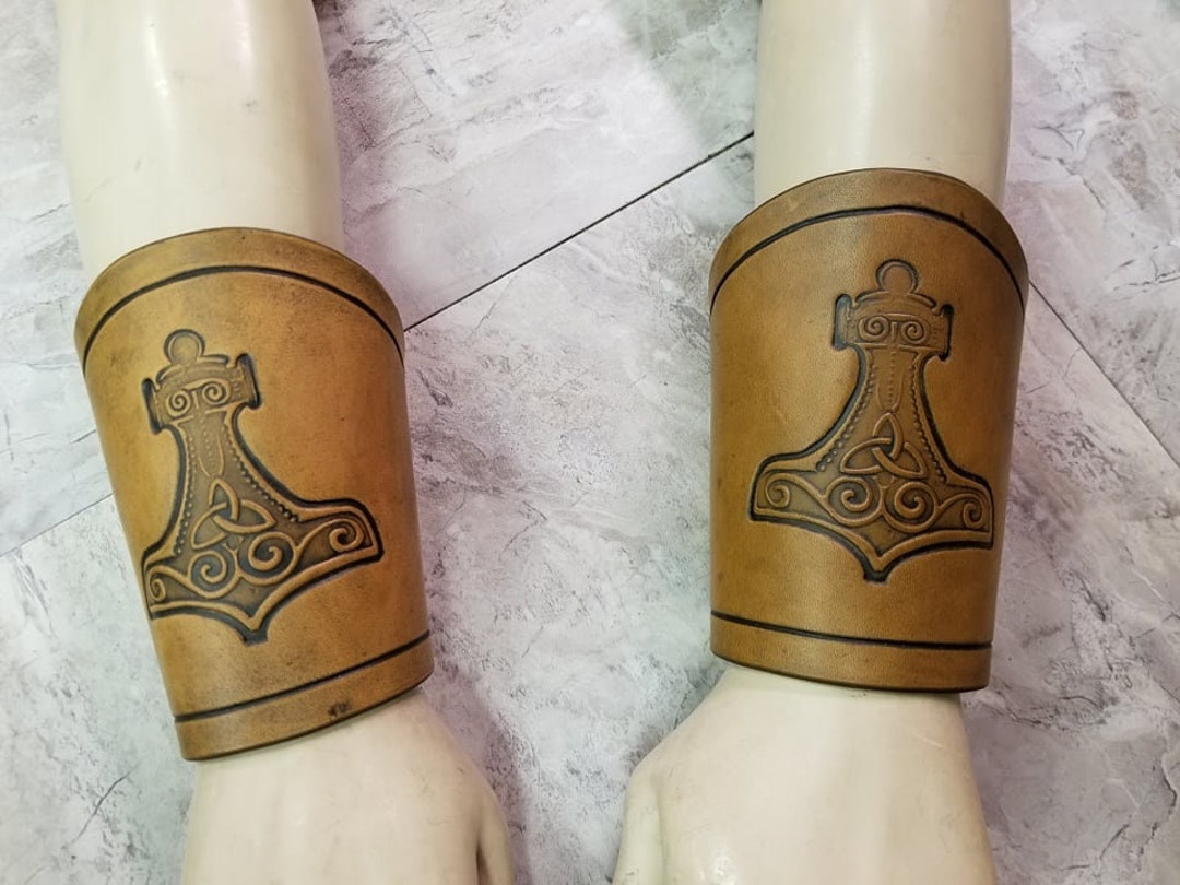 Mjolnir Thor's Hammer Leather Cuffs Leather Bracers Celtic Cuff Viking ...