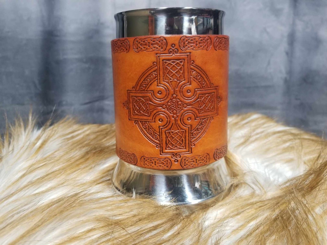 Celtic Cross Leather Wrapped Tankard: Custom Color Stainless Steel Mug ...