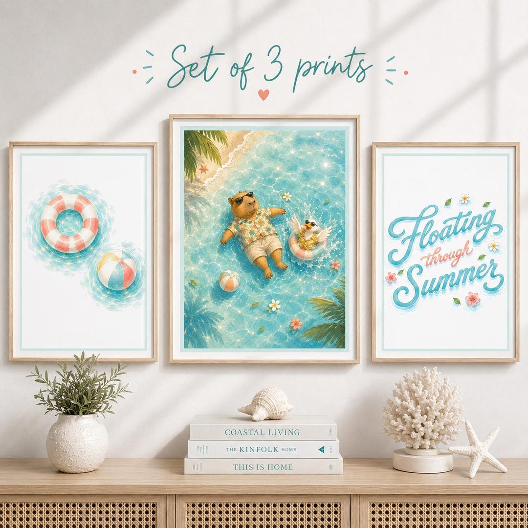Cute Capybara Beach Gallery Set of 3 Wall Decor, Summer Watercolor ...