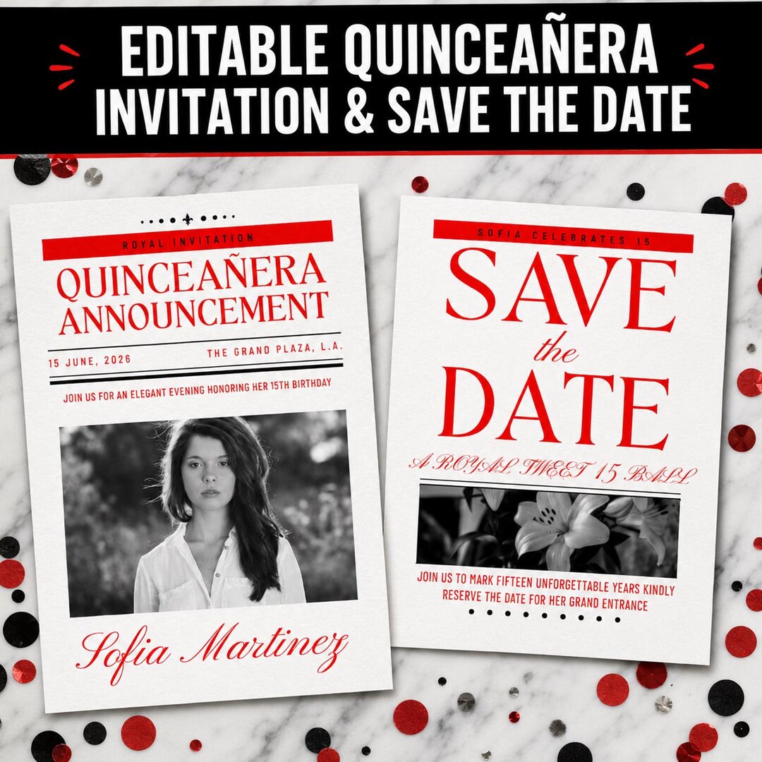 Quinceañera Invitation & Save the Date Template | Editable Canva Photo ...
