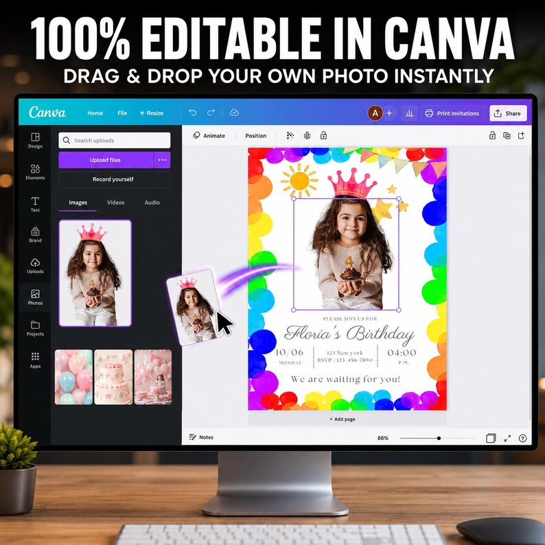 Rainbow Photo Birthday Invitation Template | Editable Canva Kids Party ...