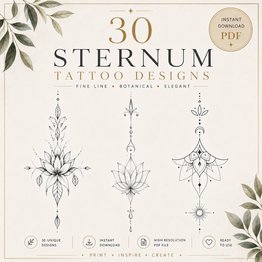 30 Fine Line Botanical Sternum Tattoo Designs (instant PDF Download) - Etsy