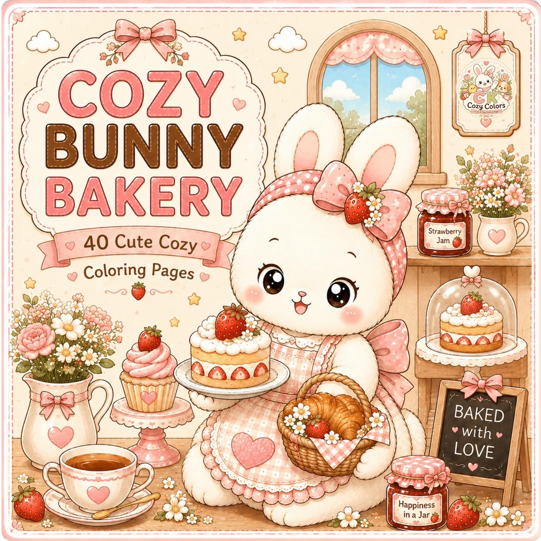 Cozy Bunny Bakery Coloring Book, Kawaii Pastries, 40 Pages (digital ...