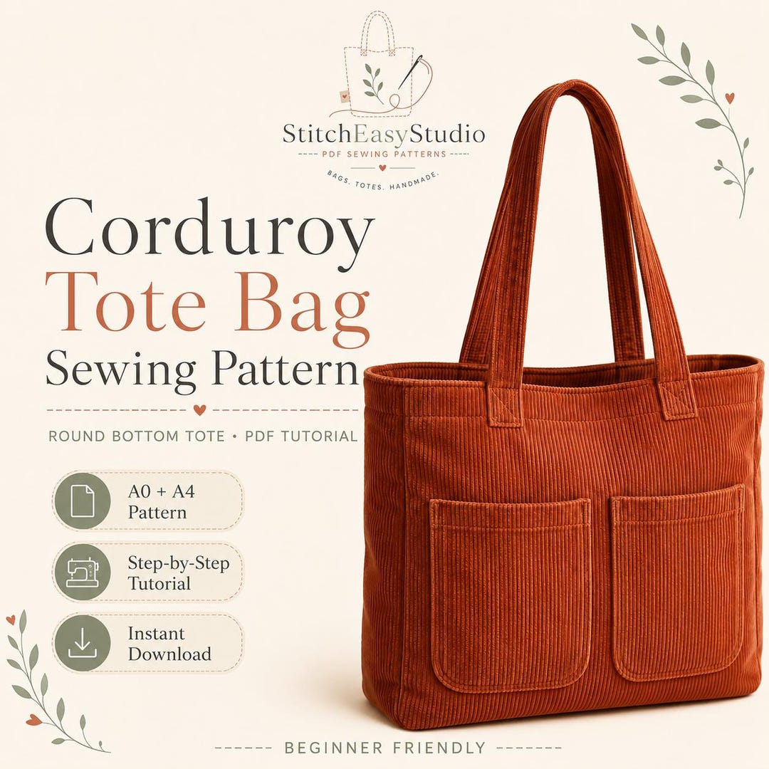 Corduroy Tote Bag Sewing Pattern, Round Bottom, Beginner Tutorial ...