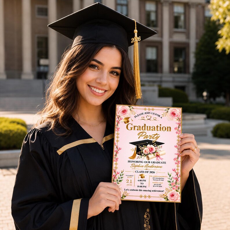 Pink Floral Graduation Party Invitation | Class of 2026 Announcement ...