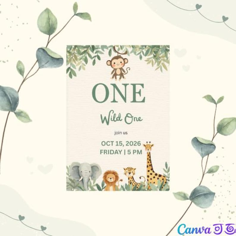 Wild One Safari Birthday Card, Jungle Theme, Editable Template (digital ...