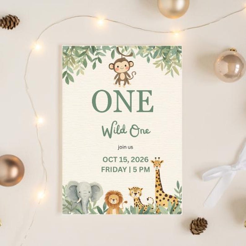 Wild One Safari Birthday Card, Jungle Theme, Editable Template (digital ...