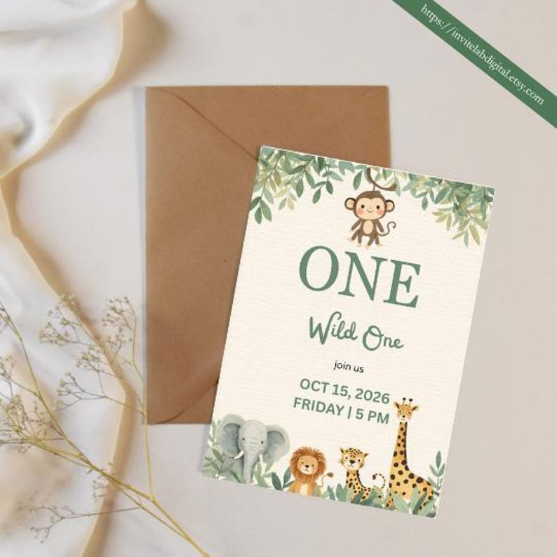 Wild One Safari Birthday Card, Jungle Theme, Editable Template (digital ...
