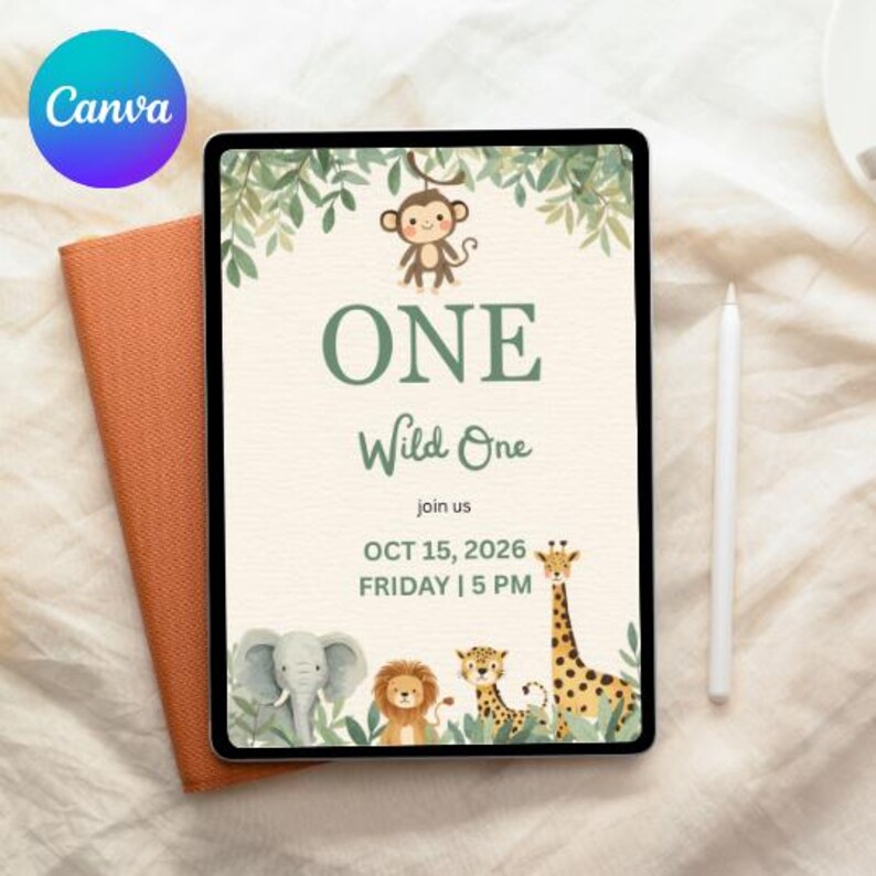 Wild One Safari Birthday Card, Jungle Theme, Editable Template (digital ...