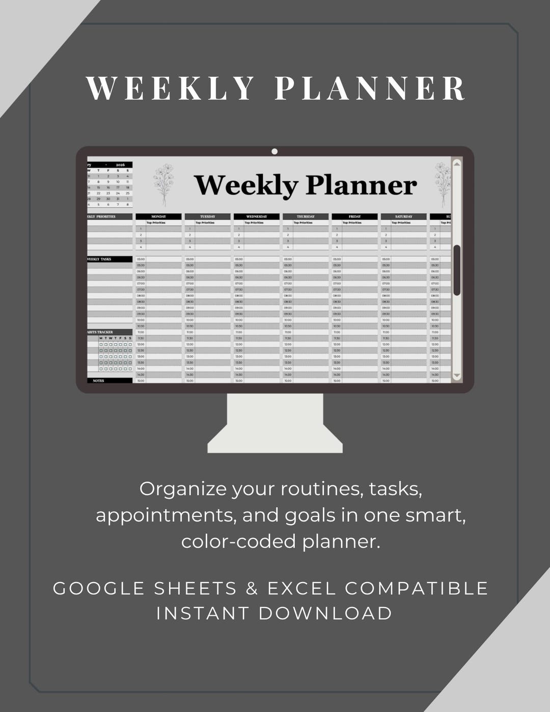 Weekly Planner Google Sheets Template | Minimalist Weekly Calendar ...