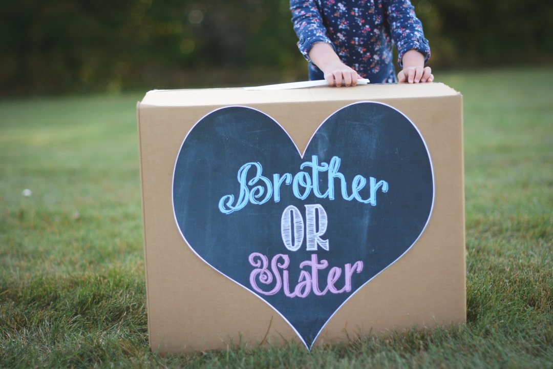 Brother or Sister Gender Sibling Reveal Balloon Box Sign Chalkboard ...