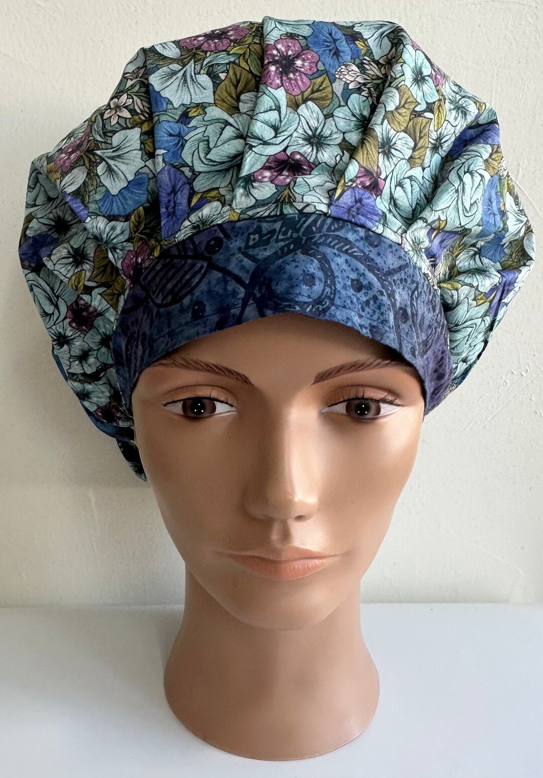 Blue and Purple Flowers - Bouffant Scrub Hat With Matching Badge Reel ...