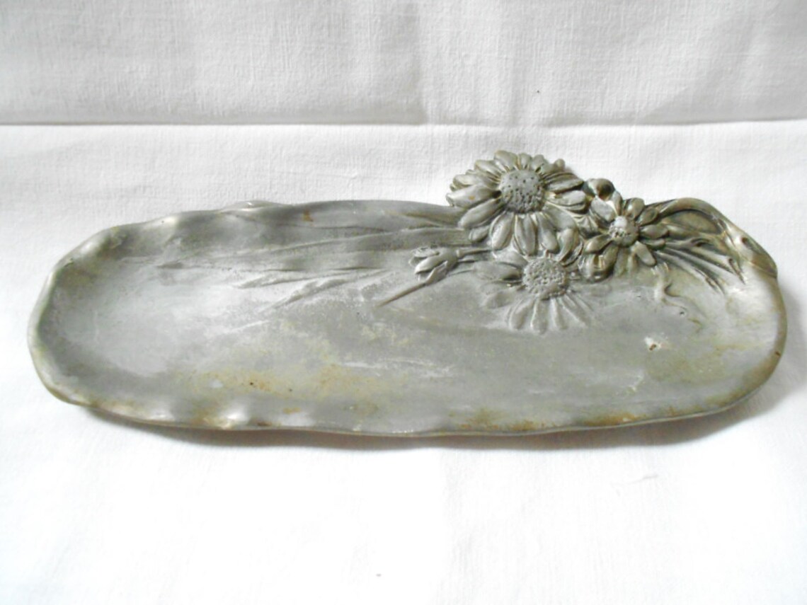 French Vintage Floral Art Pewter Oblong Tray A753 - Etsy