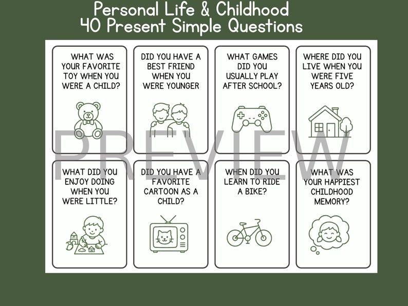 160 Past Simple Conversation Cards, ESL Speaking Questions A2–B1 - Etsy