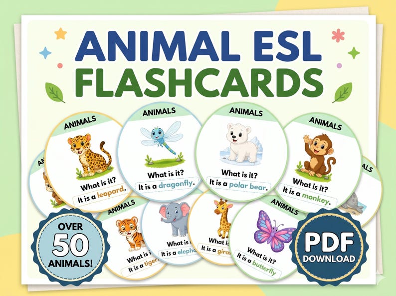Animal ESL Flashcards for Kids | Printable Vocabulary Learning PDF (68 ...