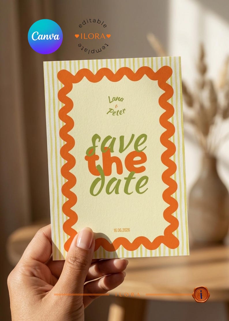 Orange Green Wedding Invitation Suite, Editable Canva Template (digital ...