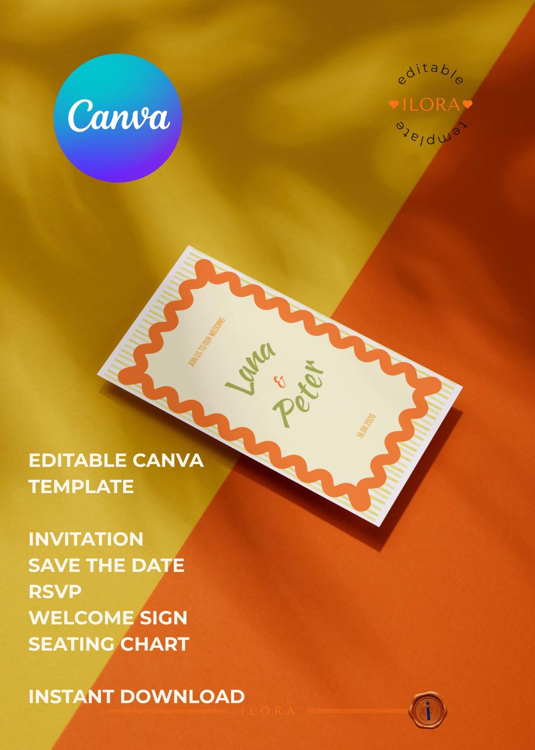 Orange Green Wedding Invitation Suite, Editable Canva Template (digital ...