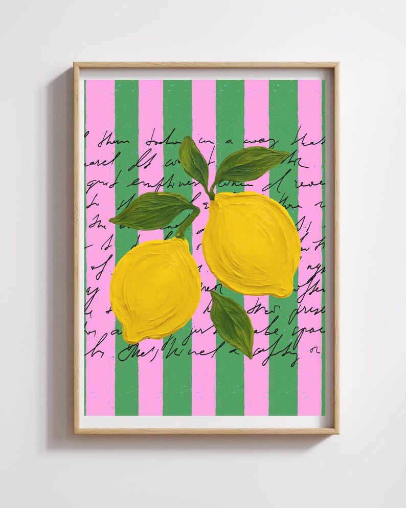 Lemon Kitchen Print, Pink Green Stripes, Summer Citrus Wall Art ...