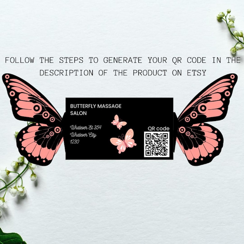 Butterfly QR Code Business Card Template, Editable Canva Salon Card ...