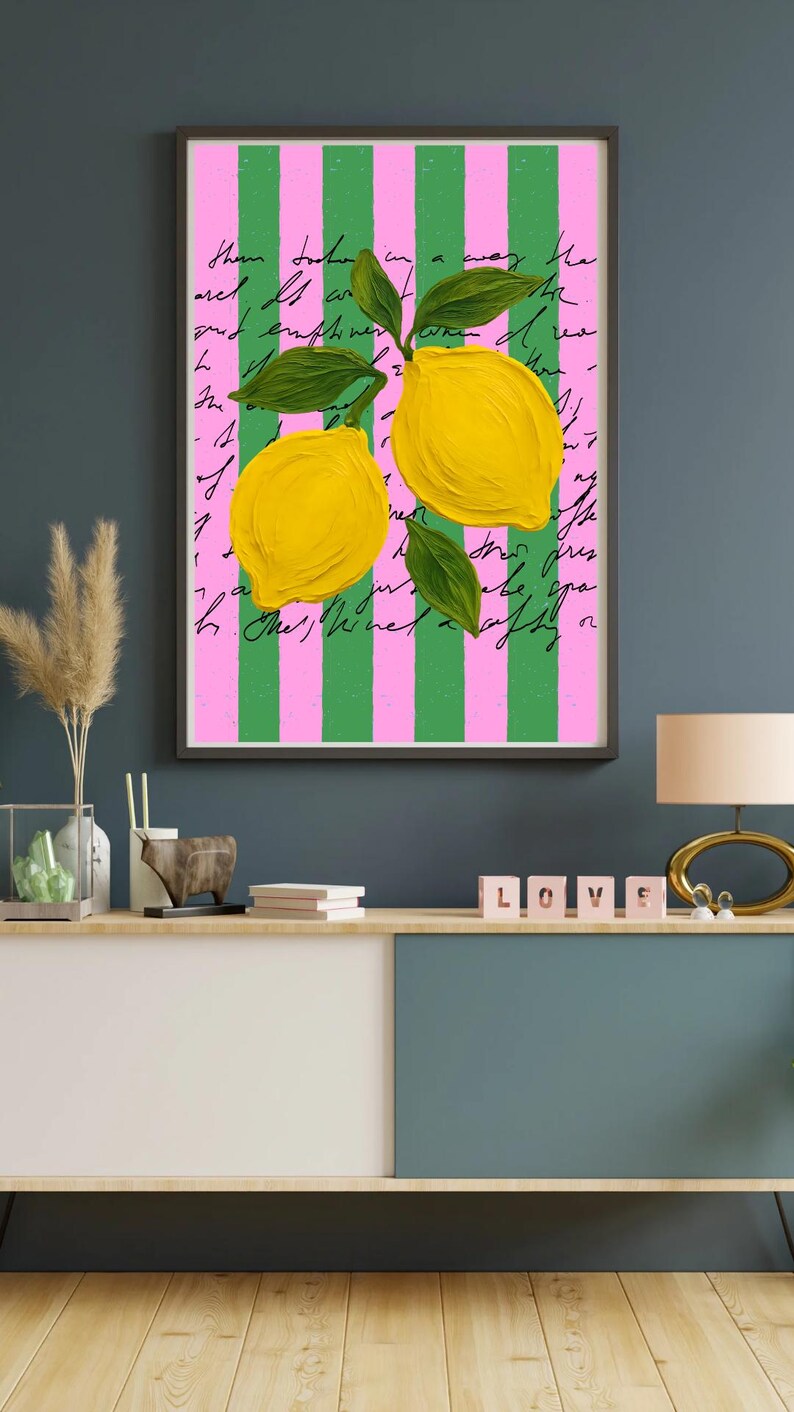 Lemon Kitchen Print, Pink Green Stripes, Summer Citrus Wall Art ...