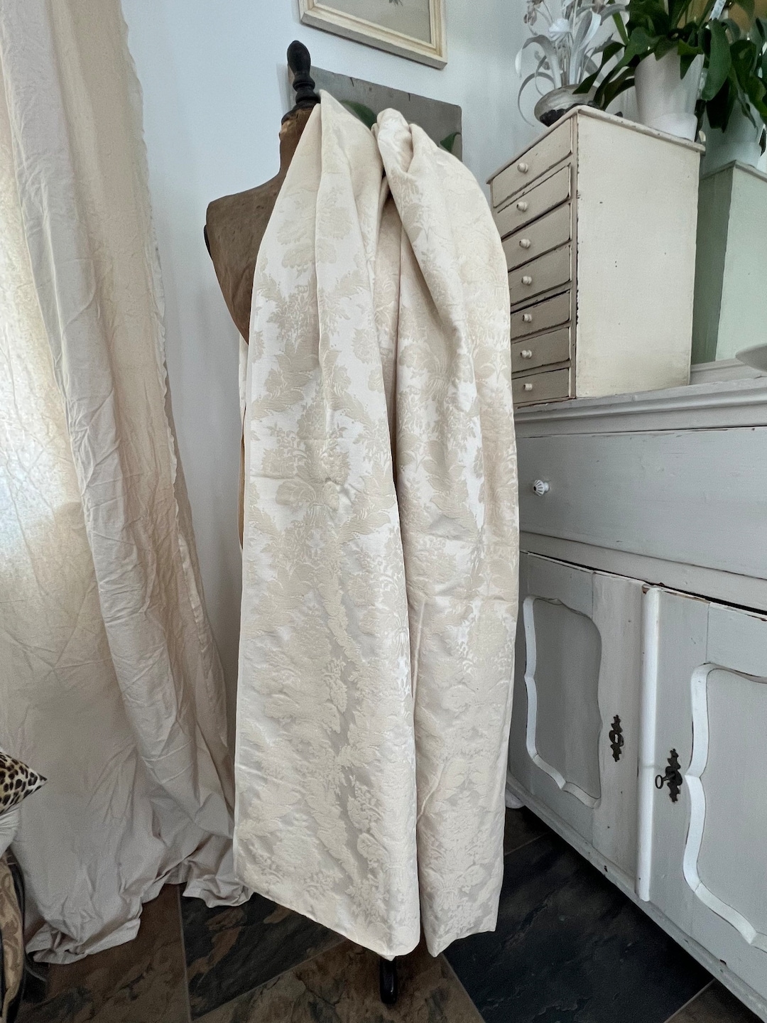 Vintage Upholstery Fabric French Damask White Cream Silk Cotton ...