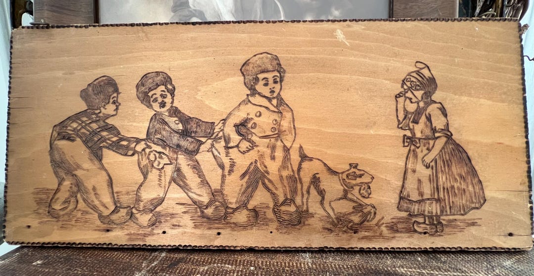 Vintage Dutch Pyrography Plaque Wooden Clogs Dog Burned Wood Folk Art ...