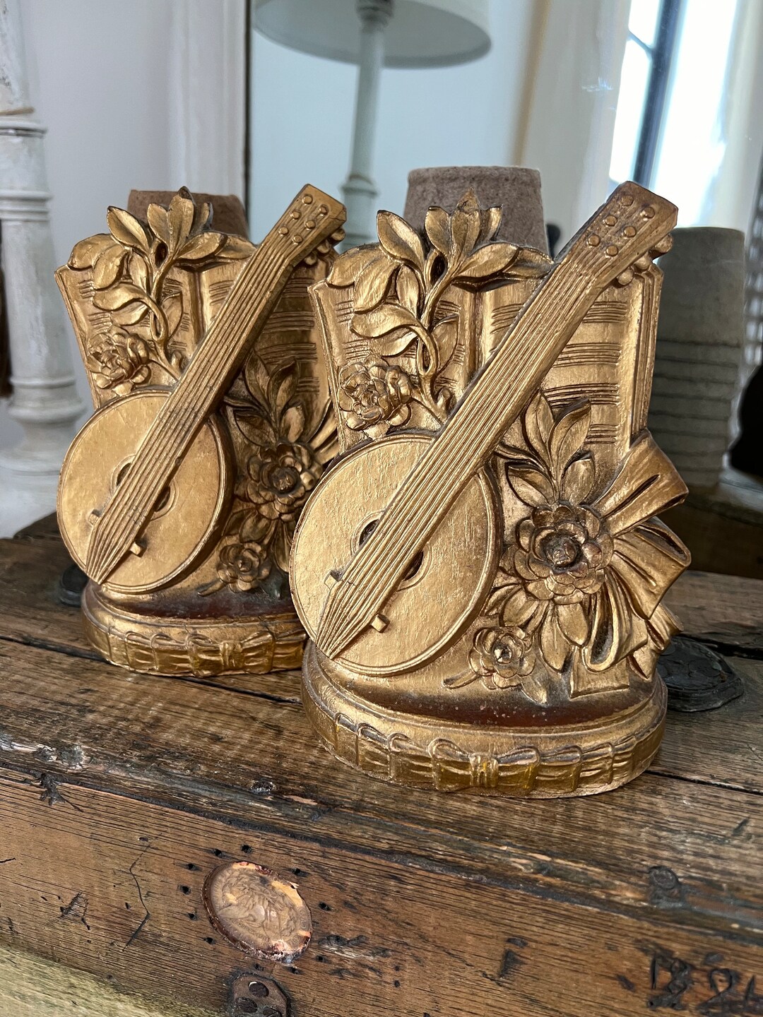Vintage Syroco Bookends French Garden Music Gold Mandolin Roses ...