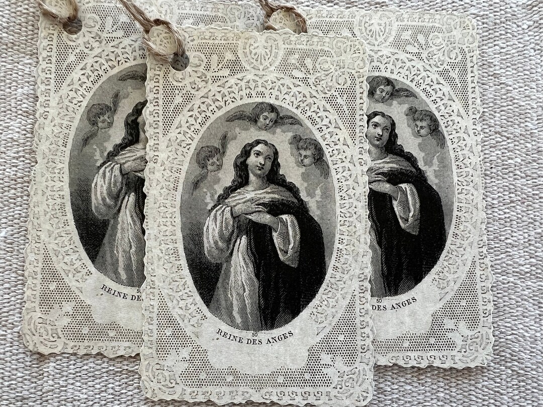 French Prayer Card Holy Card Gift Tag Mary Queen of Angels Catholic ...