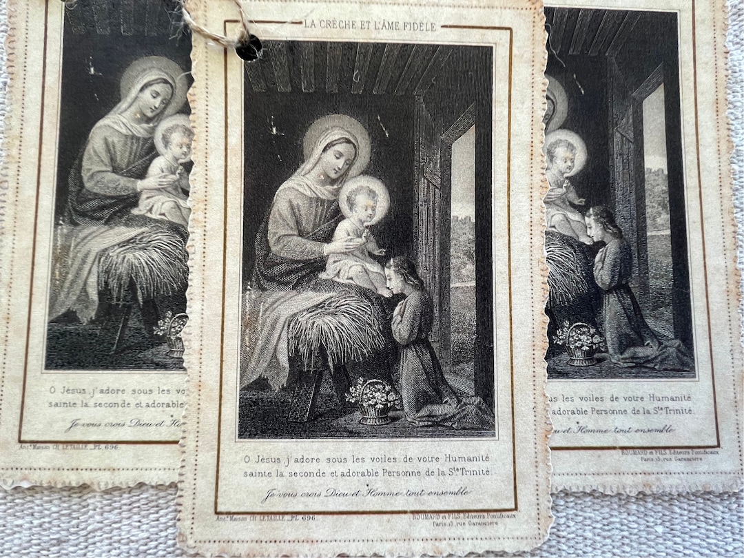 French Prayer Card Holy Card Gift Tag Baby Jesus Mary Creche Nativity ...